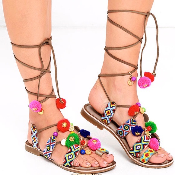 Chinese Laundry | Shoes | Cognac Leather Lace Up Gladiator Pom Pom ...